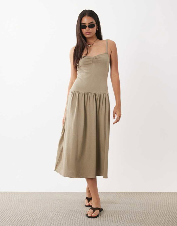 MANGO Cotton Rich Drop Waist Midi Dress In Light Green | endource