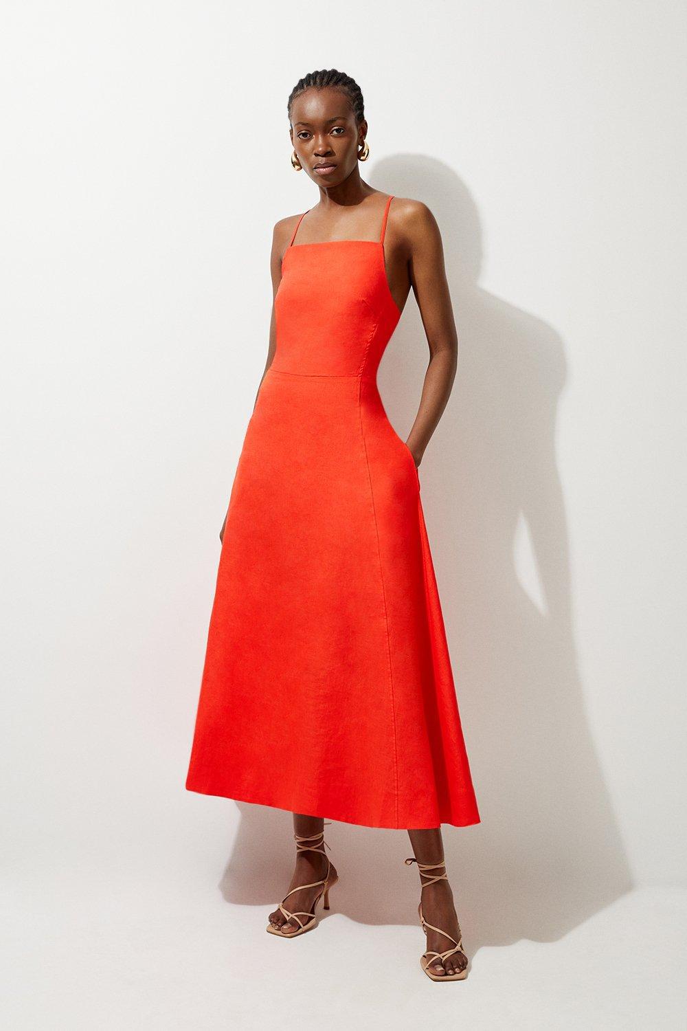 KAREN MILLEN Premium Linen Tailored Halterneck Corset Back Full Skirt ...