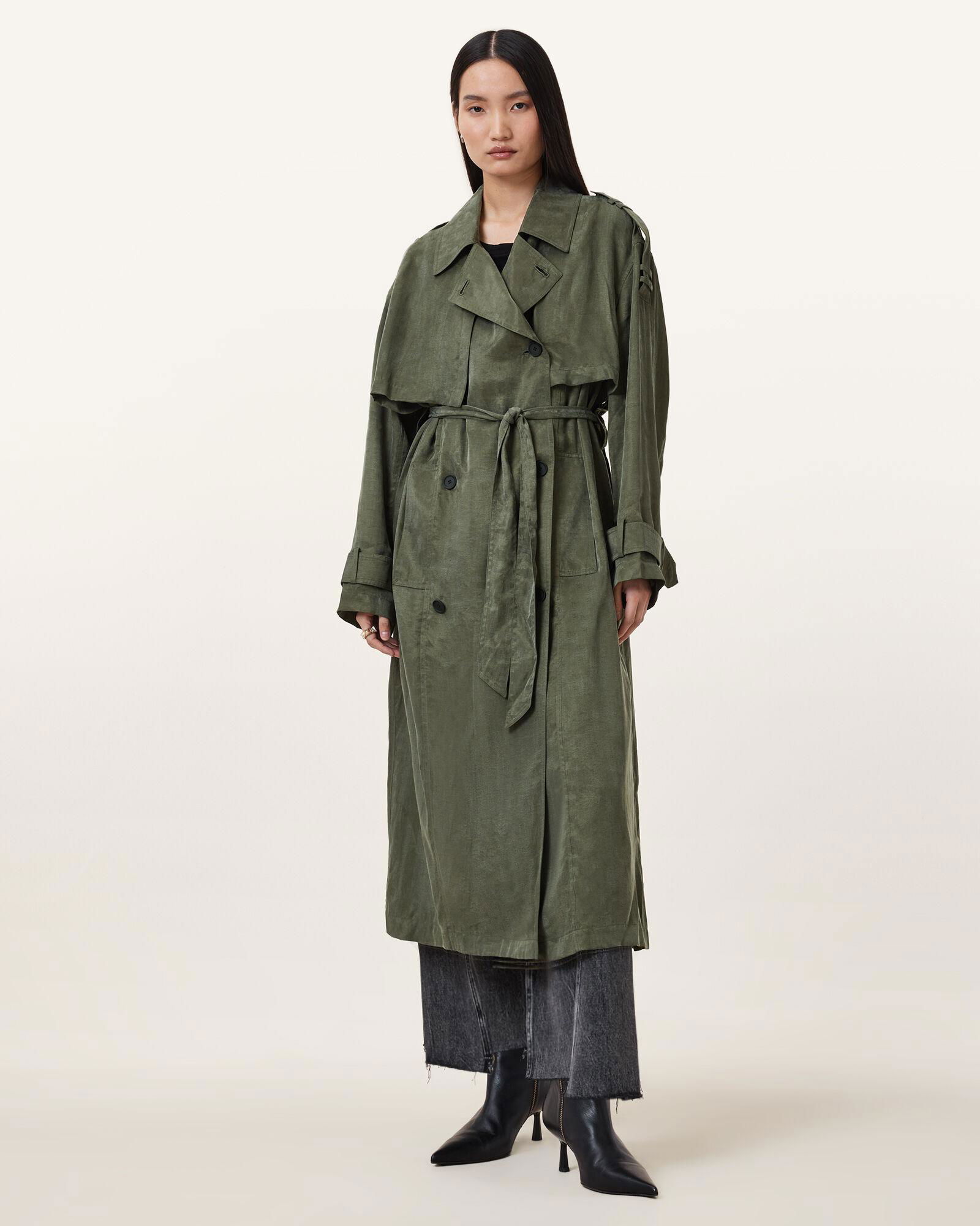 ALLSAINTS Linnie Lightweight Trench Coat in Grape Leaf Green | endource