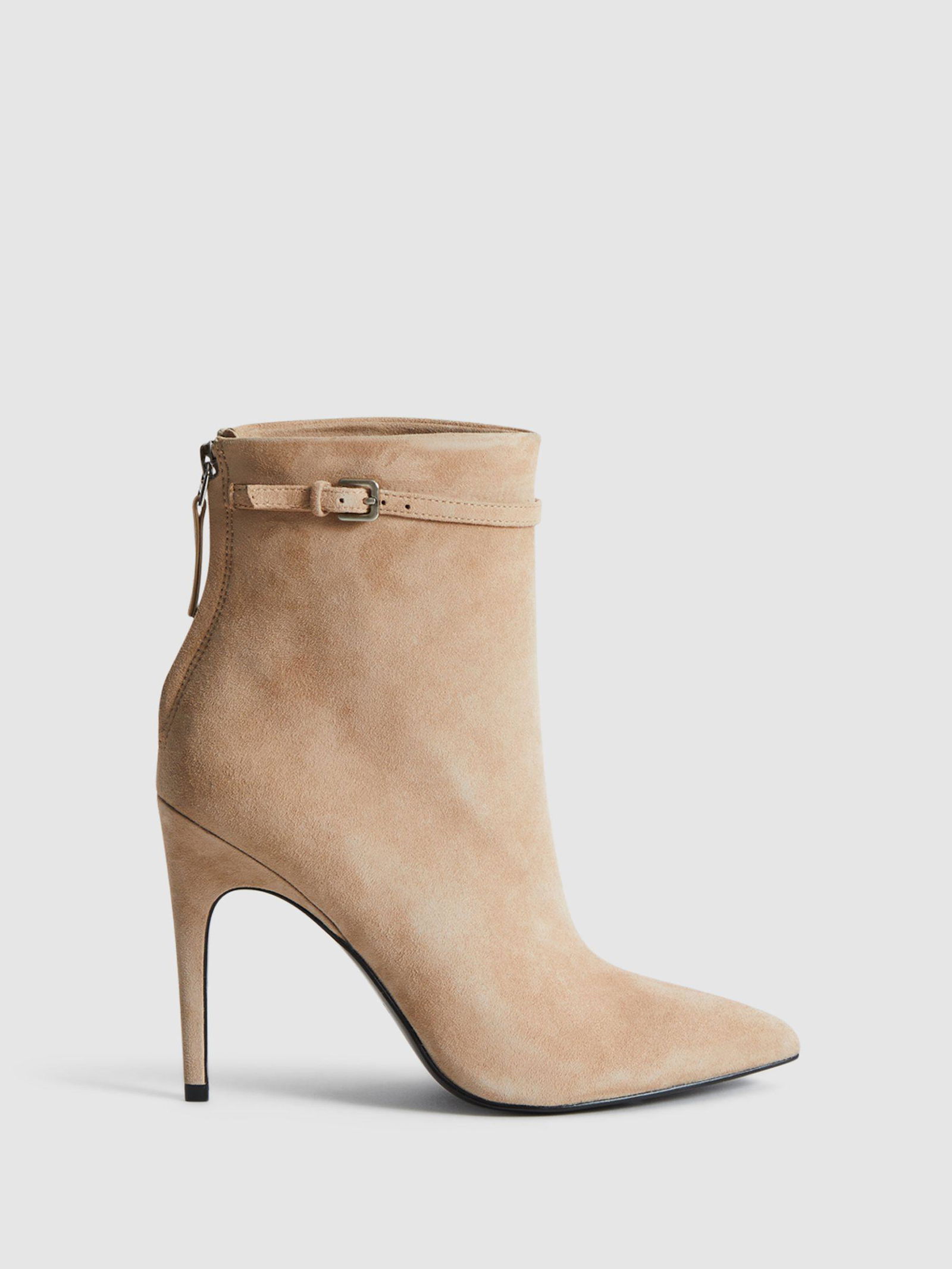 REISS Ashton Suede Heeled Ankle Boots in Biscuit | endource