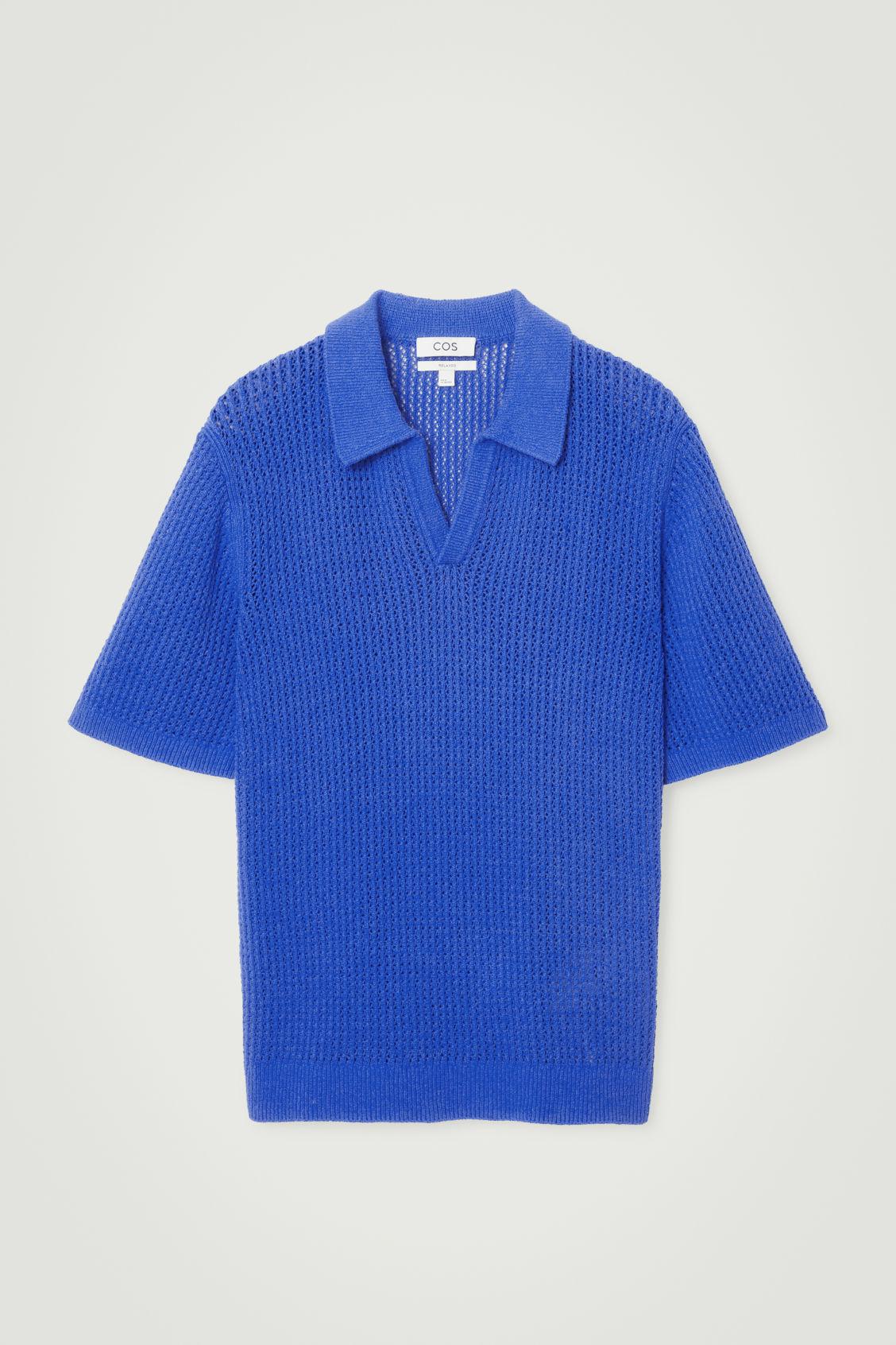 COS Open-Knit Polo Shirt in BRIGHT BLUE | endource