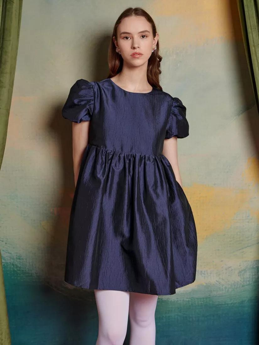 SISTER JANE Pointe Puff Shoulder Taffeta Mini Dress in Navy | endource