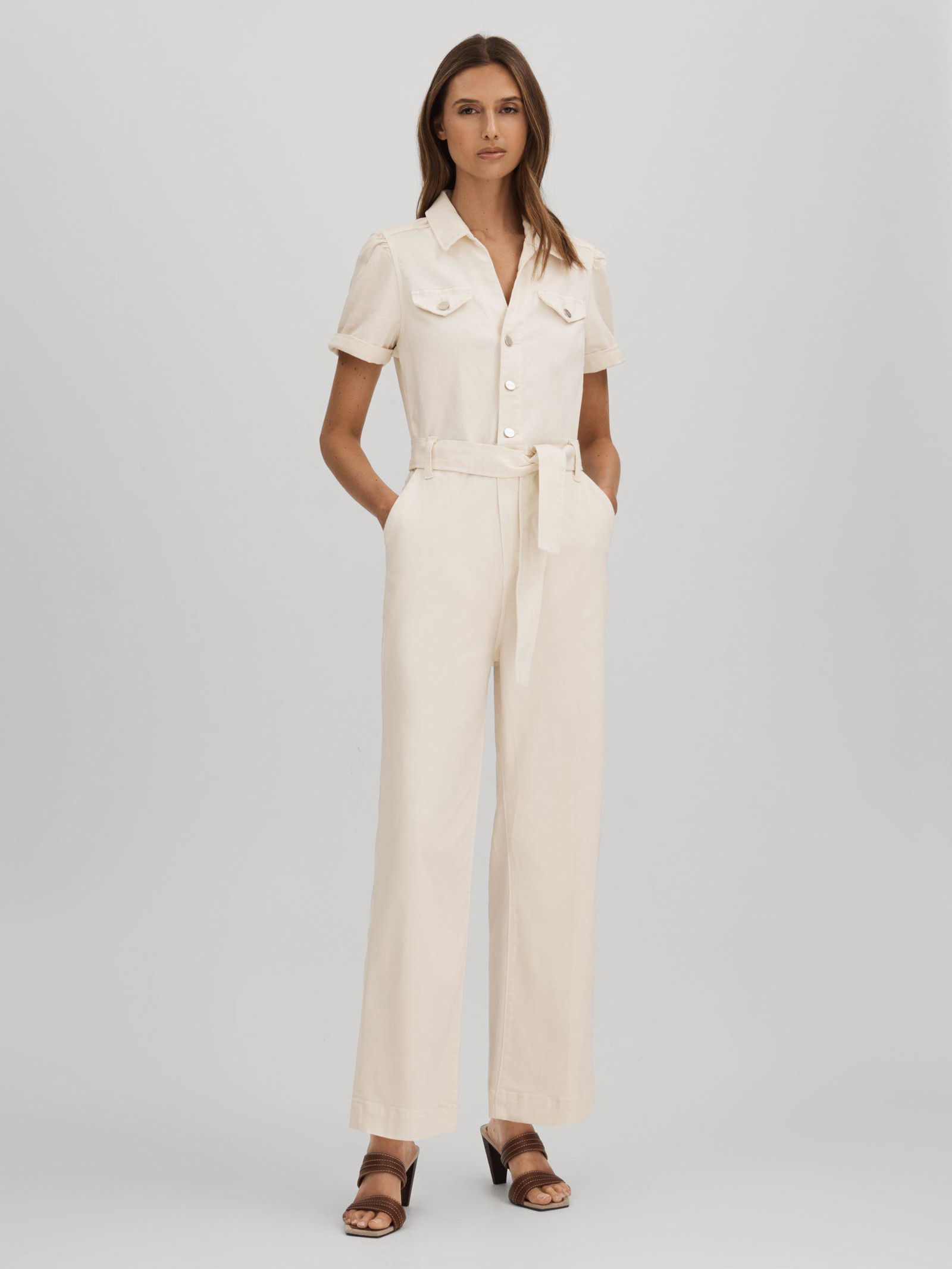 PAIGE Anessa Puff Sleeve Denim Puff Sleeve Jumpsuit in Sand | Endource