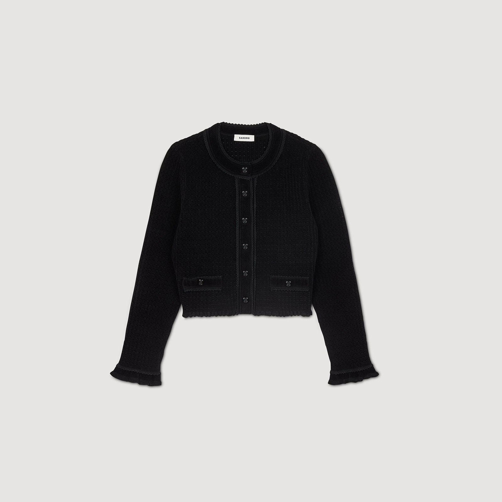 SANDRO Velvet Knit Cropped Cardigan in Black | endource