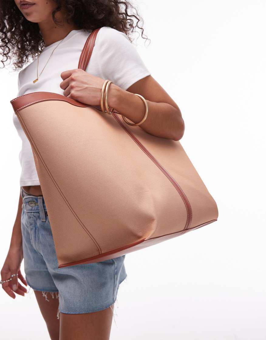 ARKET Large Canvas Tote With Brown Leather Details Contrast Stitches In Netural Beige | endource