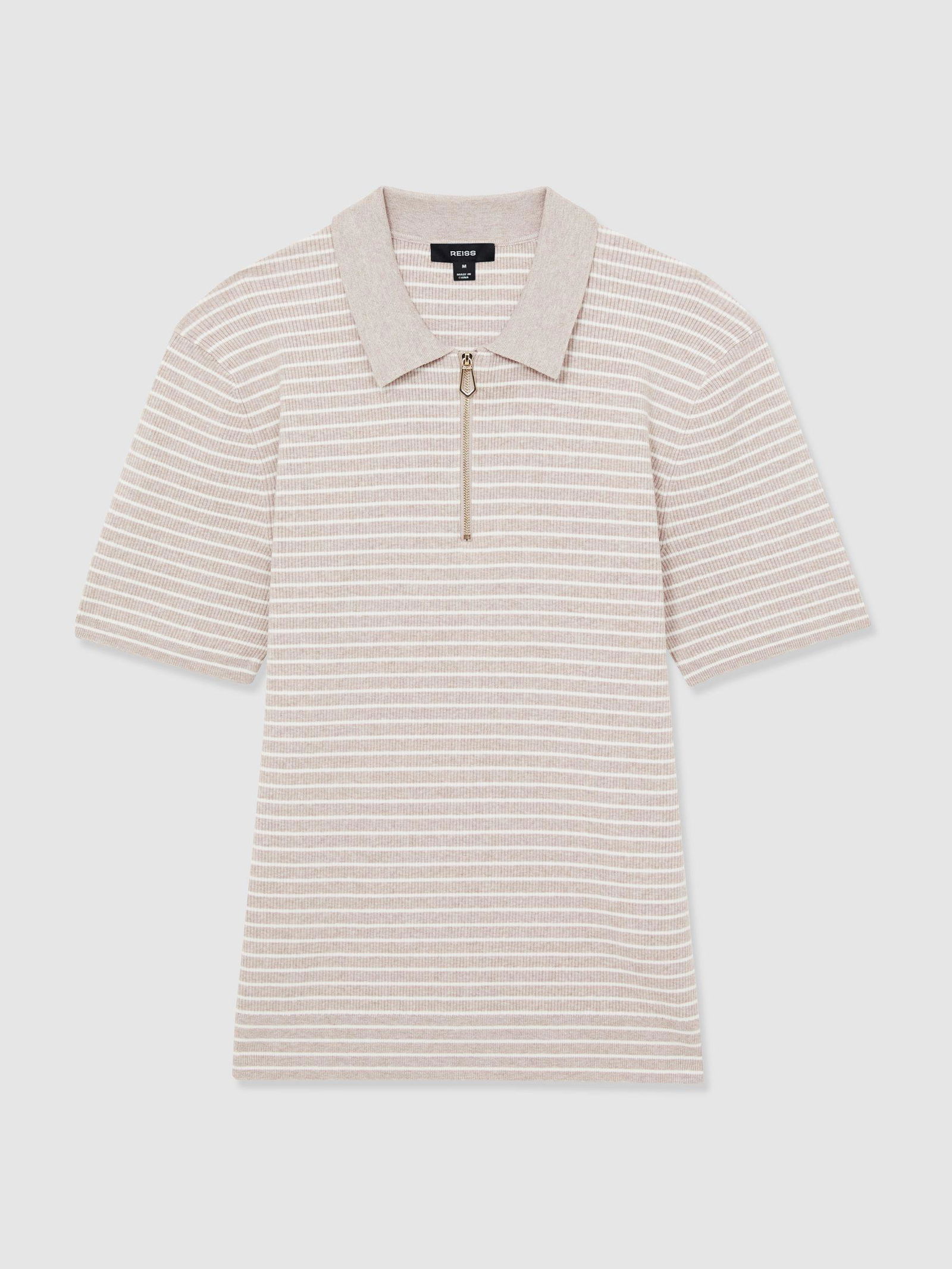 REISS Half-Zip Stripe Polo Shirt in Oatmeal Melange | endource