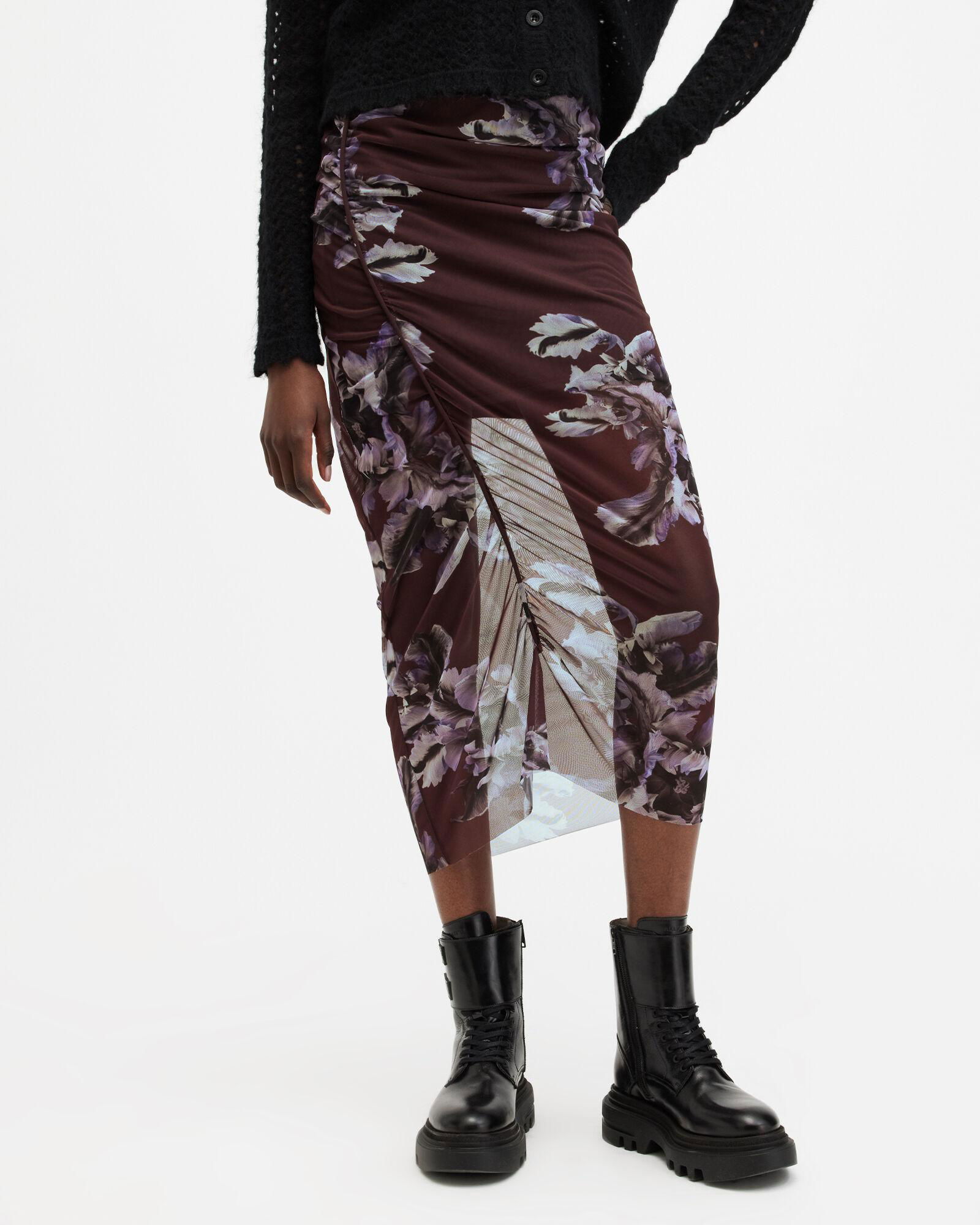 ALLSAINTS Nora Floral Mesh Midi Skirt in Monica Oxblood Red | endource
