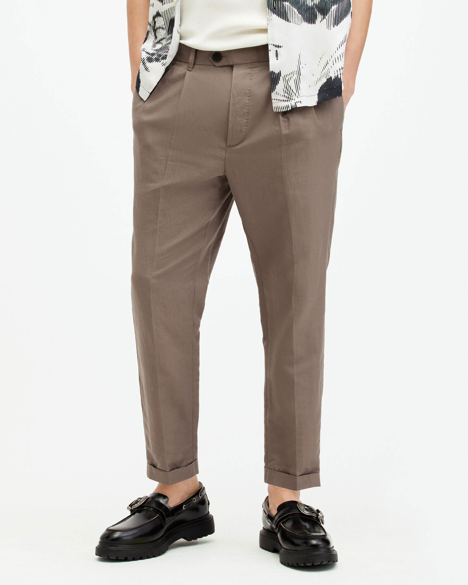ALLSAINTS Cross Tallis Linen Blend Slim Trousers in Earthy Brown | Endource