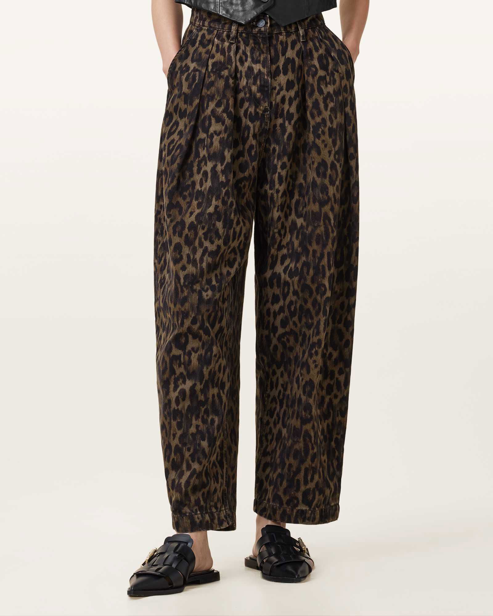 ALLSAINTS Becca Barrel Leg Denim Jeans in Leopard Brown | endource