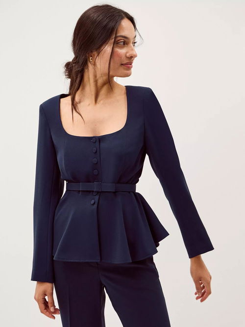 Monsoon Erin Peplum Hem Jacket, Navy | endource