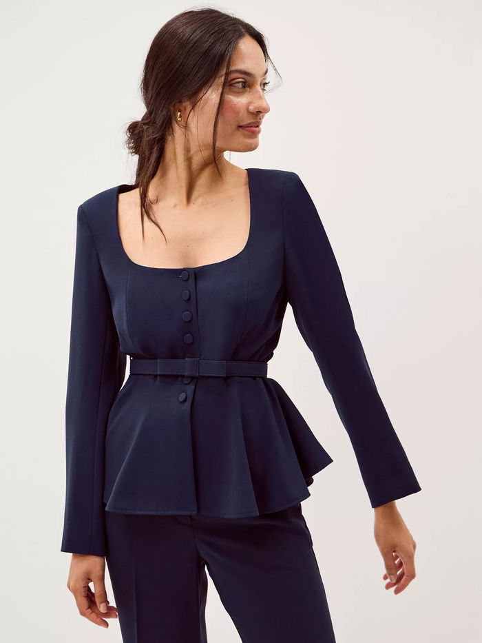 Monsoon Erin Peplum Hem Jacket, Navy | endource
