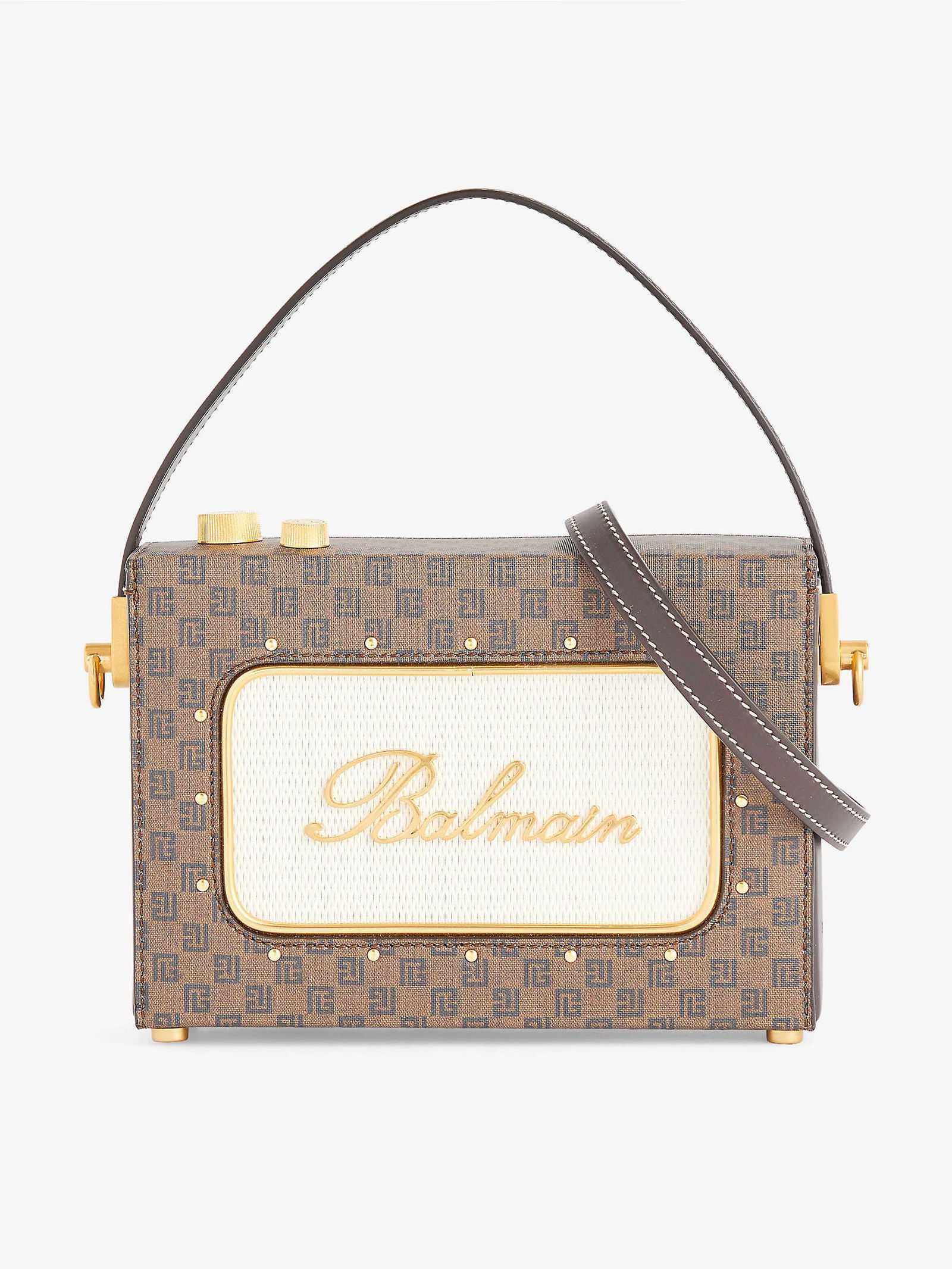 Balmain Radio Mini Canvas Cross-Body Bag in Noir/marron/sable | Endource