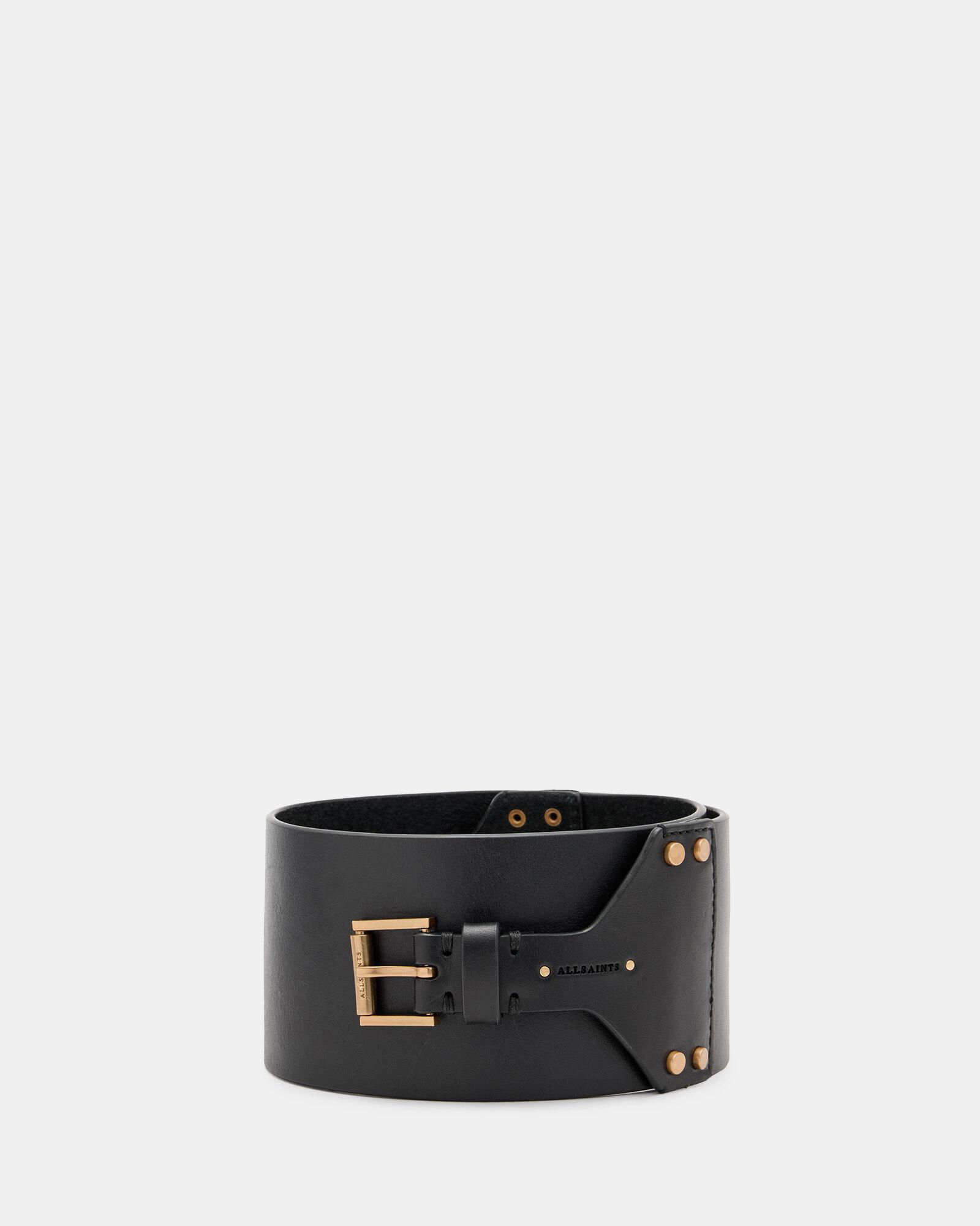 ALLSAINTS Eden Studded Leather Waist Belt in BLACK/WARM BRASS | endource