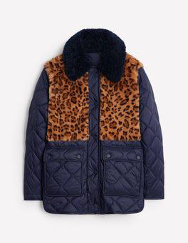 BODEN Chester Quilted Borg Coat in Navy, Leopard | endource