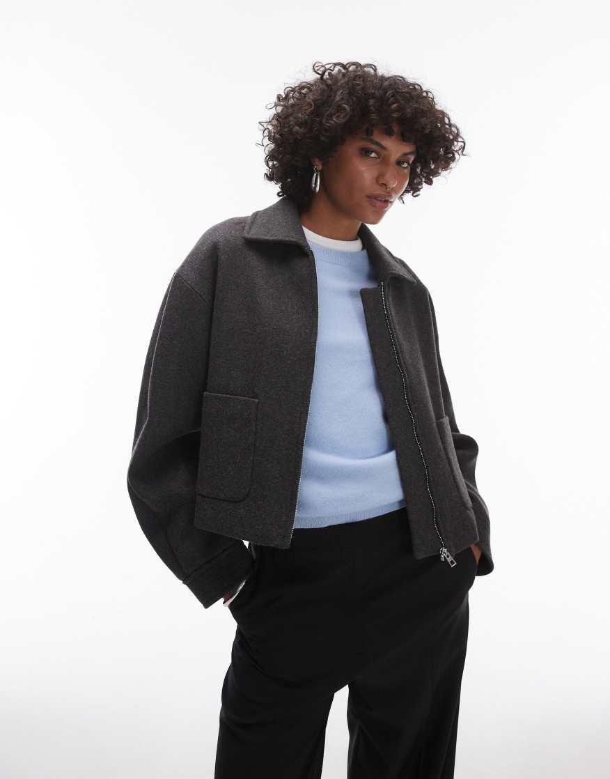MANGO Zip Down Wool Jacket in GREY | endource