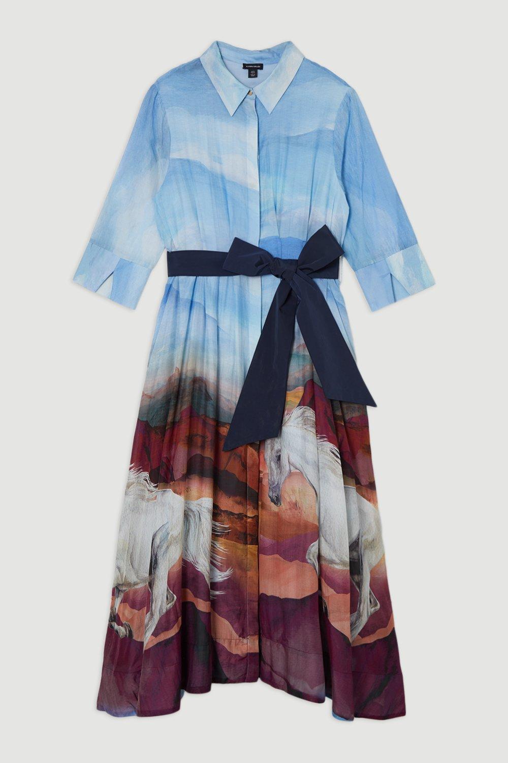 KAREN MILLEN Plus Size Silk Cotton Stallion Print Woven Belted Maxi Shirt Dress in Blue | endource