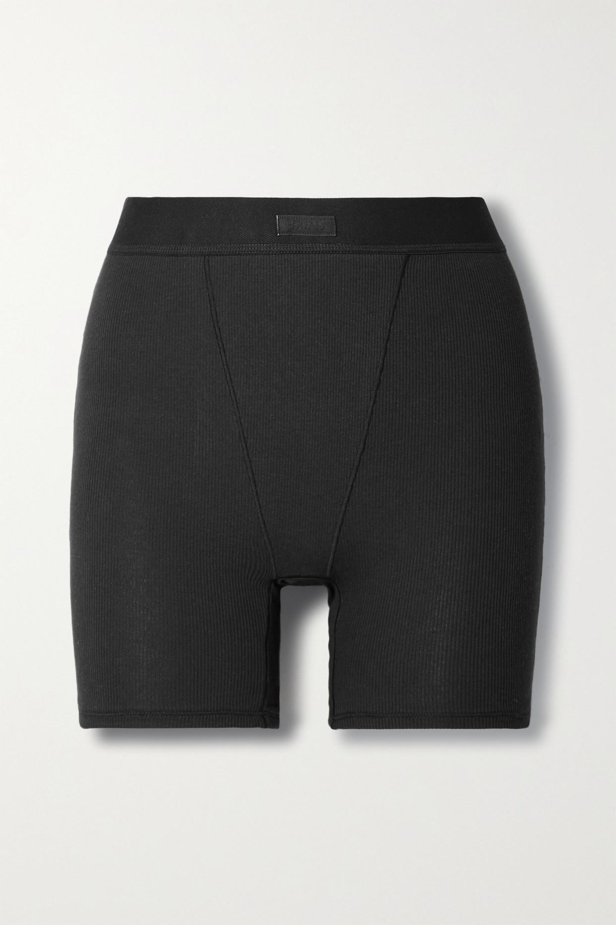 SKIMS Cotton Collection Ribbed Cotton Jersey Boxer Shorts in Black ...