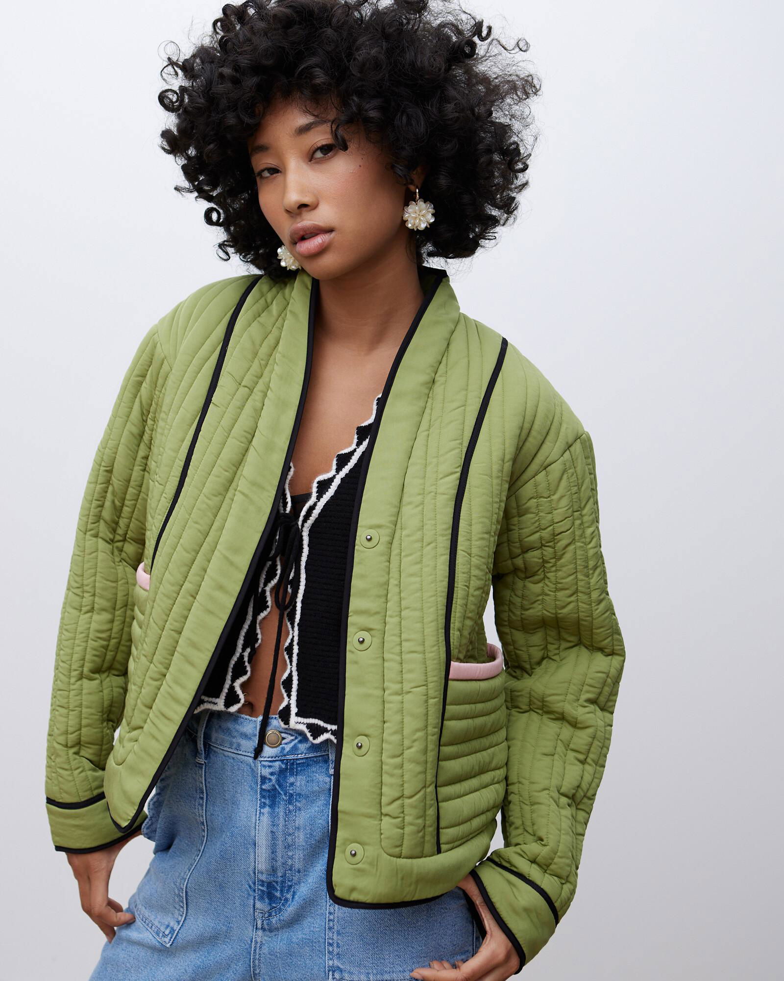 OLIVER BONAS Trim Quilted Jacket in Green | endource