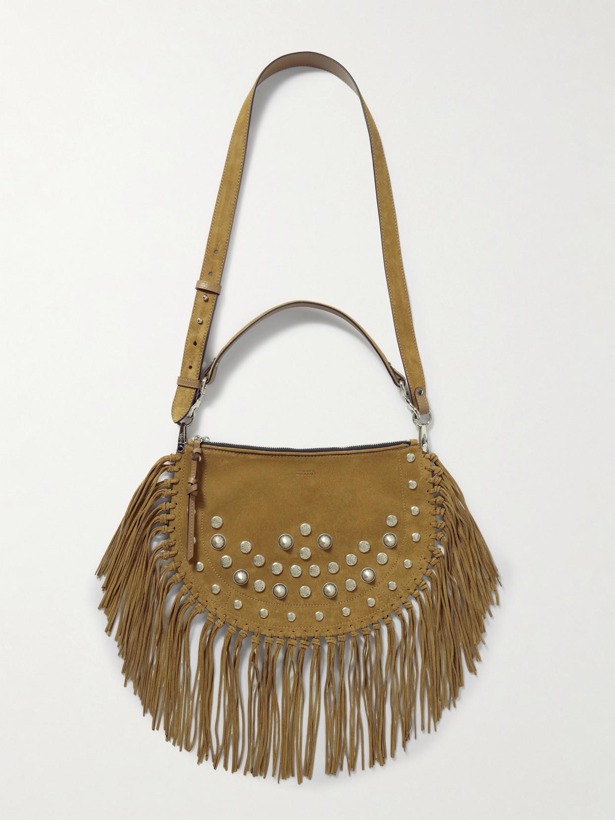 ISABEL MARANT Kanao Fringed Studded Suede Shoulder Bag in Brown | endource