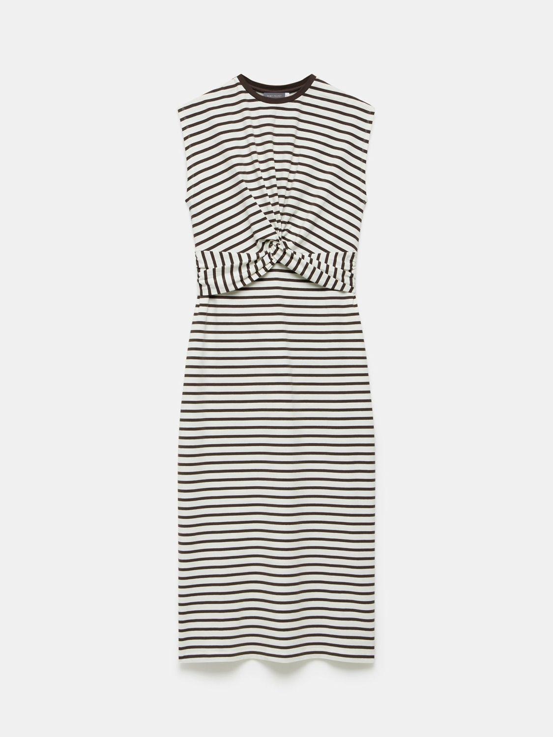 MINT VELVET Stripe Twist Detail Midi Dress in Dark Brown/White | endource
