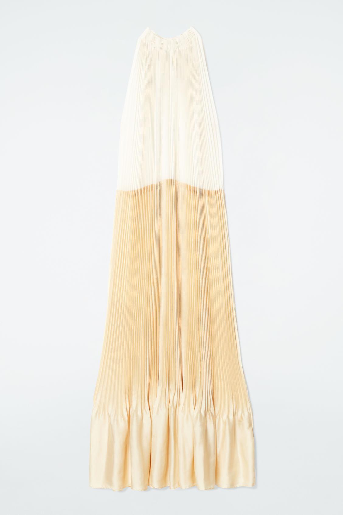 COS Plissé Halterneck Maxi Dress in CHAMPAGNE / YELLOW | endource
