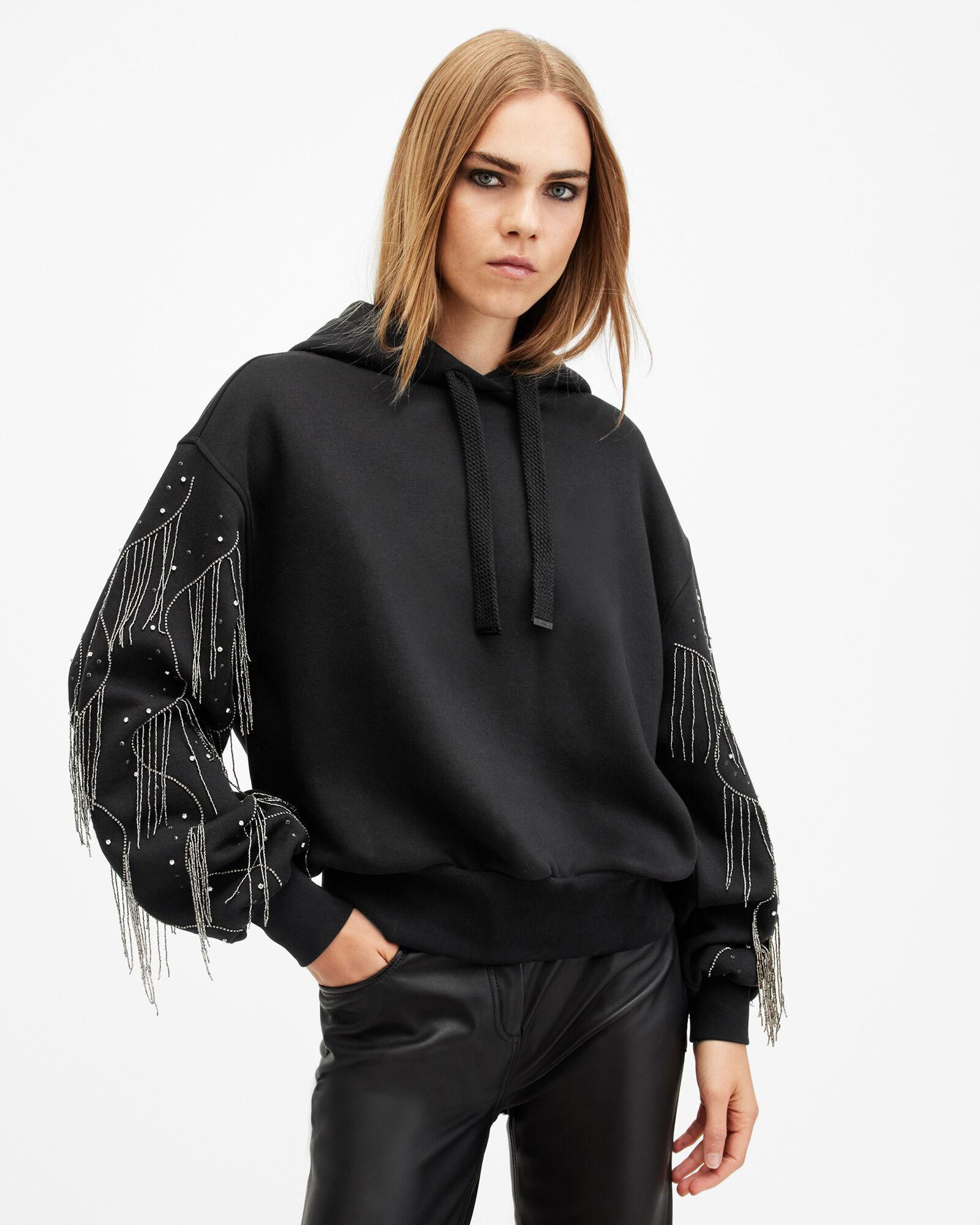 ALLSAINTS Lennon Tassel Embellished Sleeve Hoodie in Washed Black ...