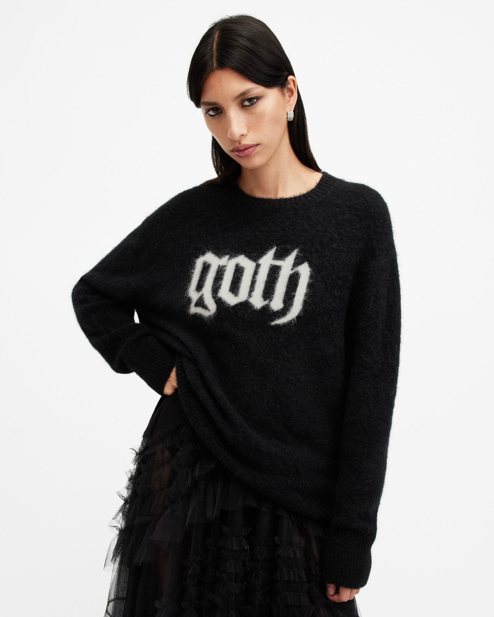 ALLSAINTS Goth Motif Crew Neck Jumper in Black | endource