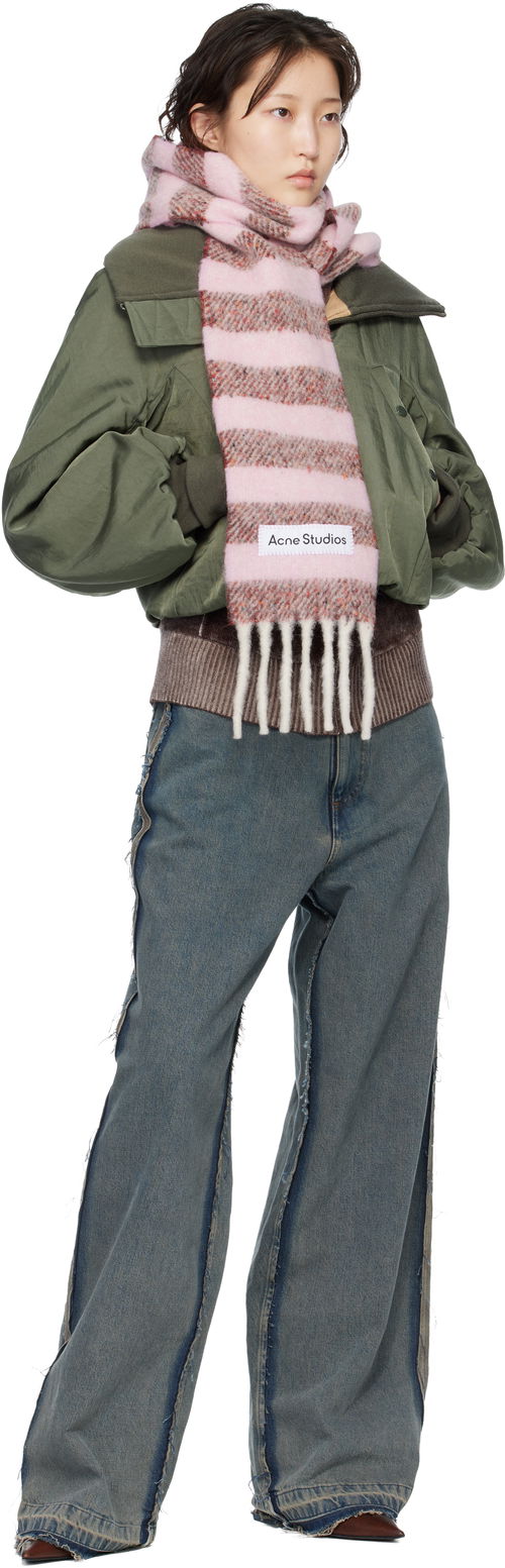ACNE STUDIOS Pink Fringed Wool Skinny Scarf | endource
