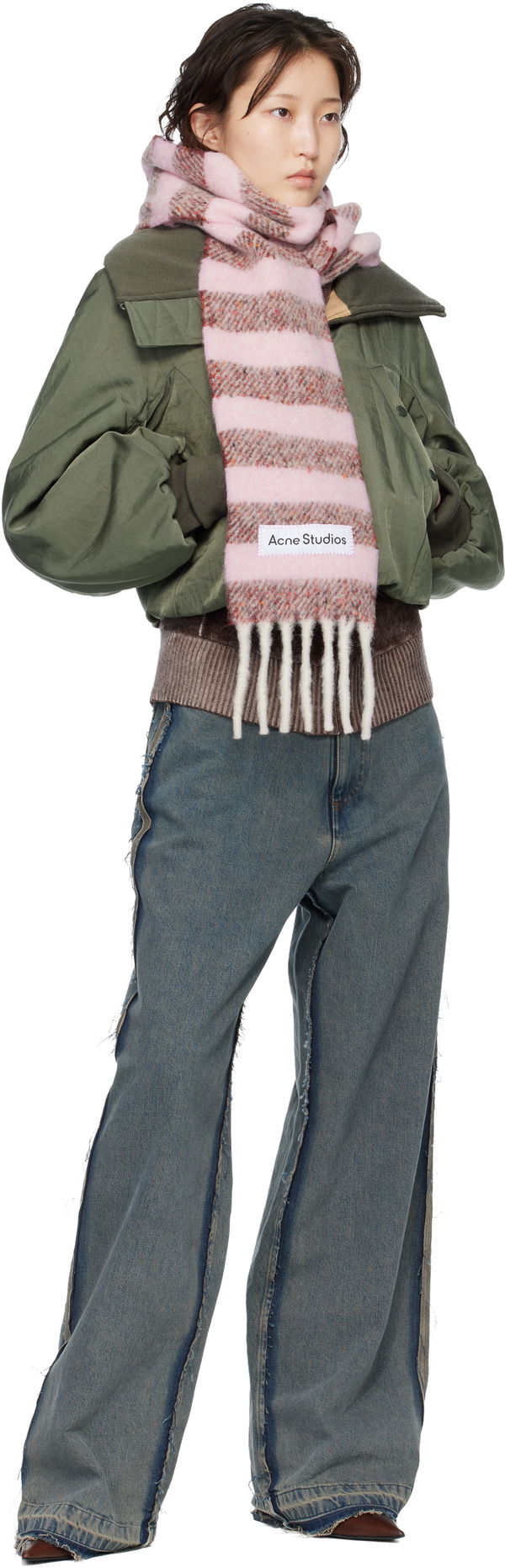 ACNE STUDIOS Pink Fringed Wool Skinny Scarf | endource