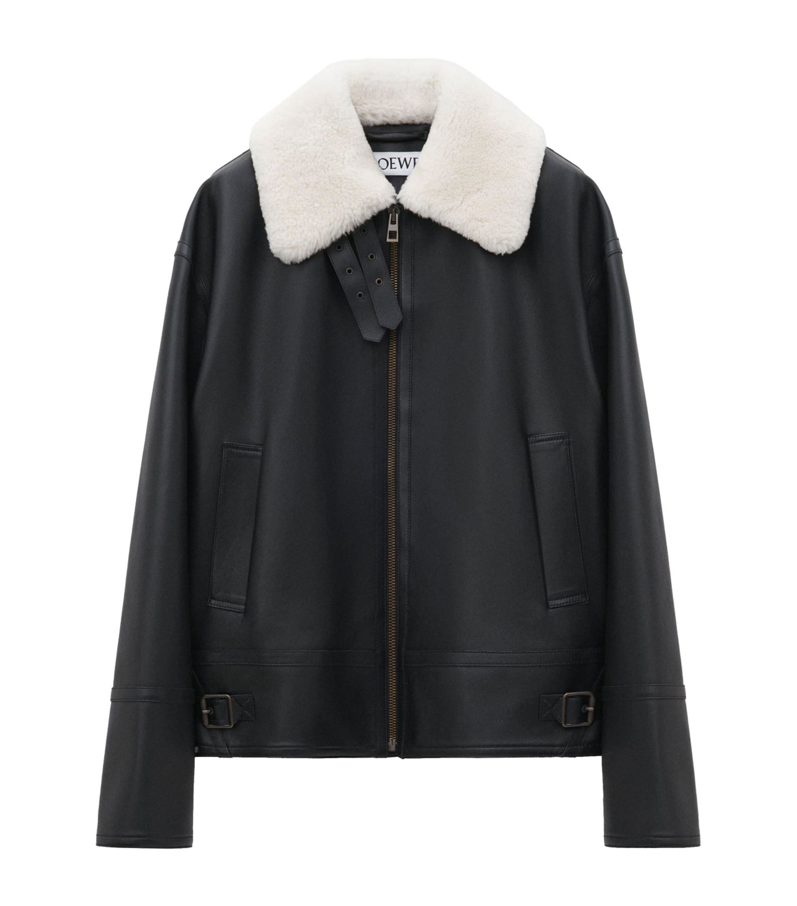 LOEWE Leather Shearling-Collar Aviator Jacket in Black | endource