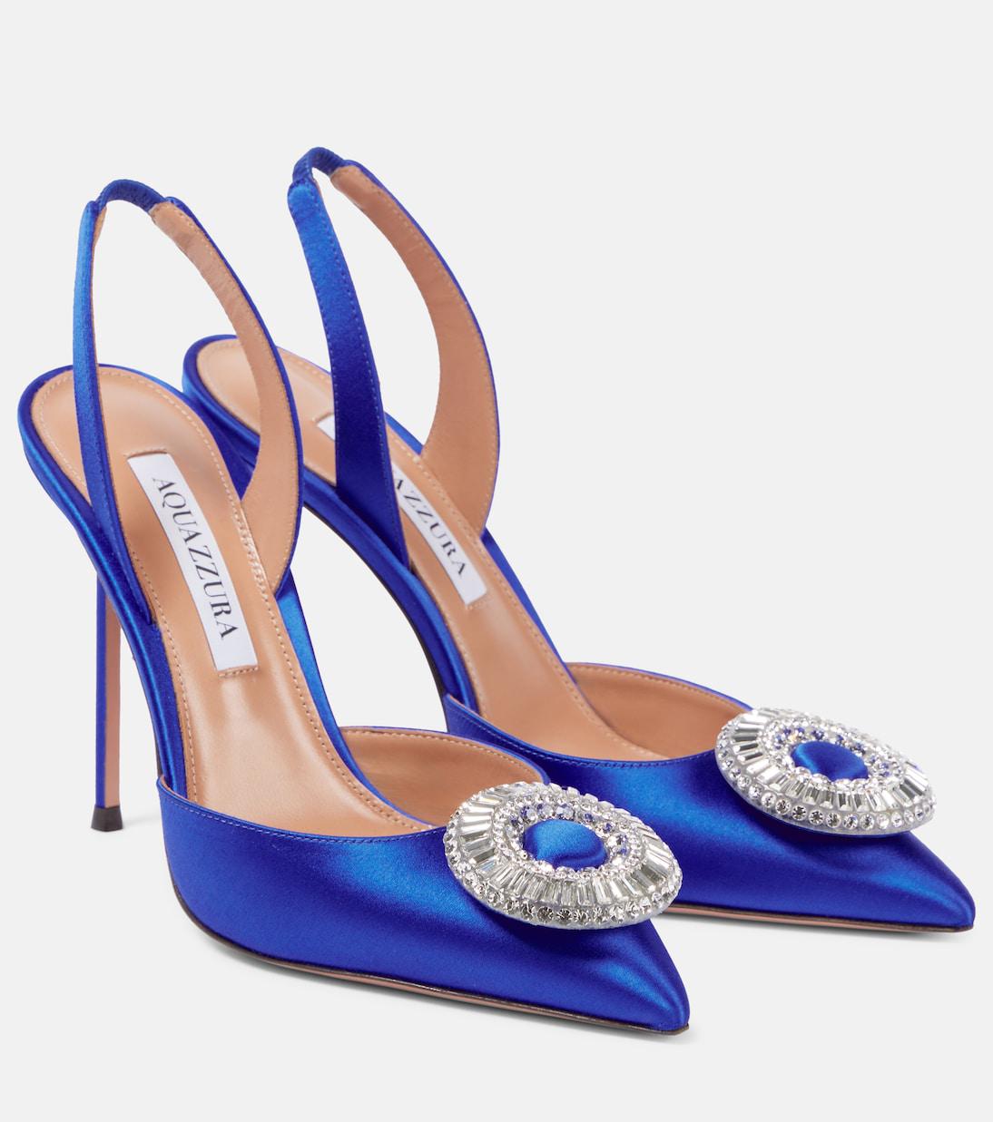 AQUAZZURA Crystal Hoop Sling 105 Satin Slingback Pumps in Blue | endource