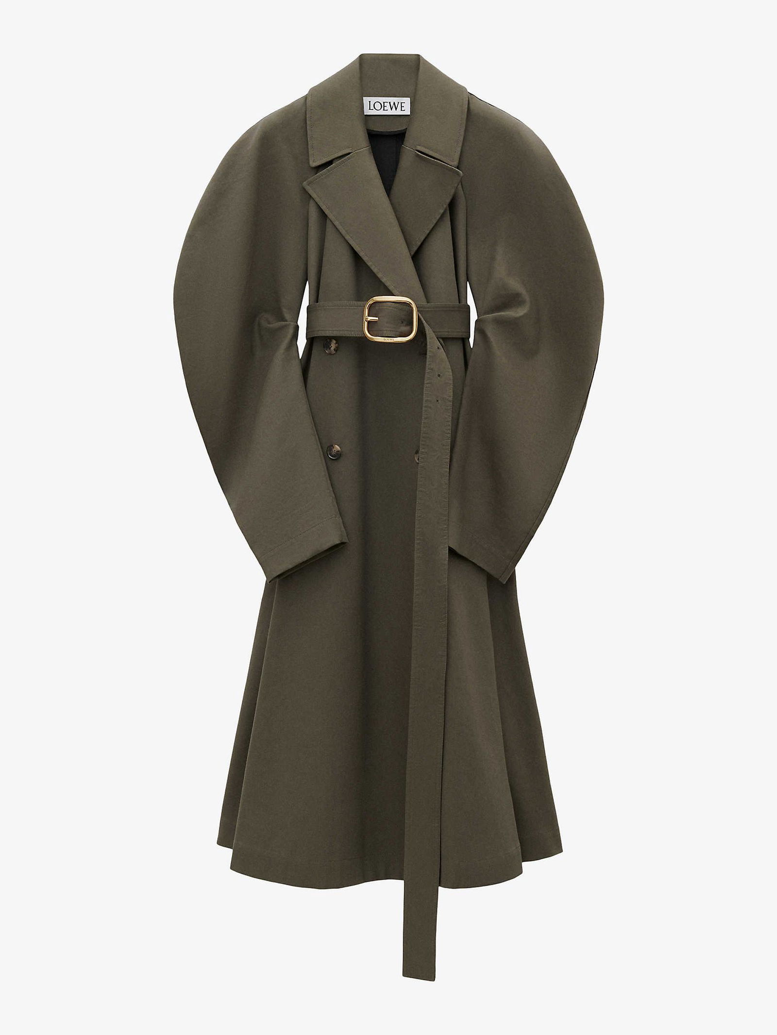 LOEWE Curved-Sleeve Double-Breasted Trench Coat in Loden Green | endource
