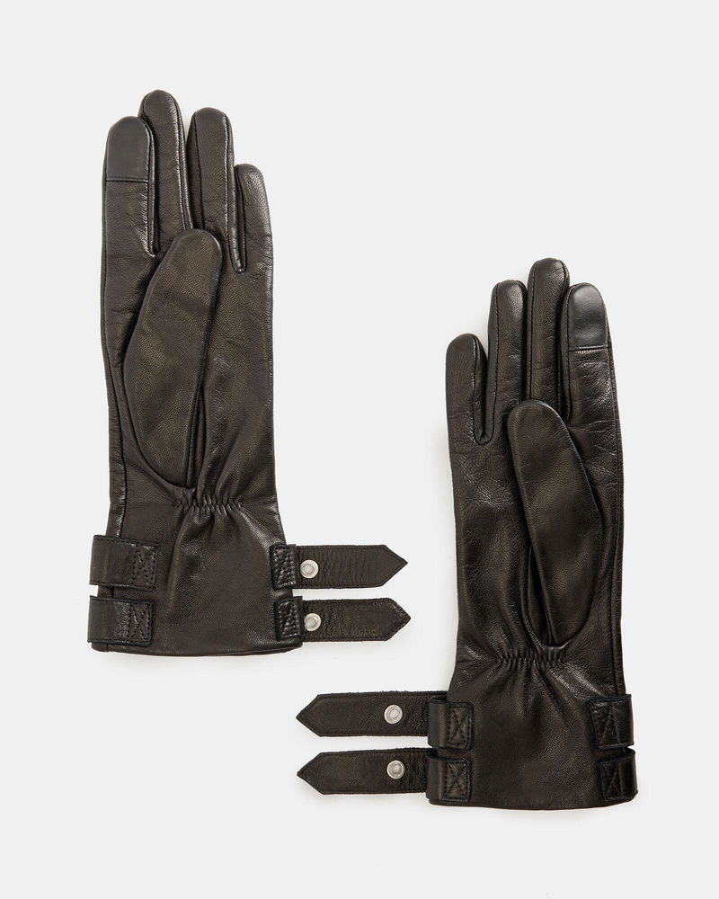 ALLSAINTS Roxy Leather Double Buckle Gloves in BLACK/DULL NICKEL | Endource