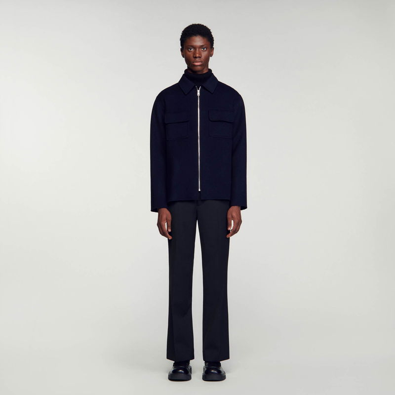 SANDRO Wool Jacket in Dark Navy | Endource