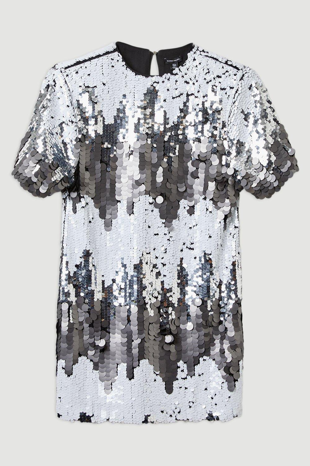 KAREN MILLEN Mono Disc Sequin Woven Mini Dress in Mono | Endource