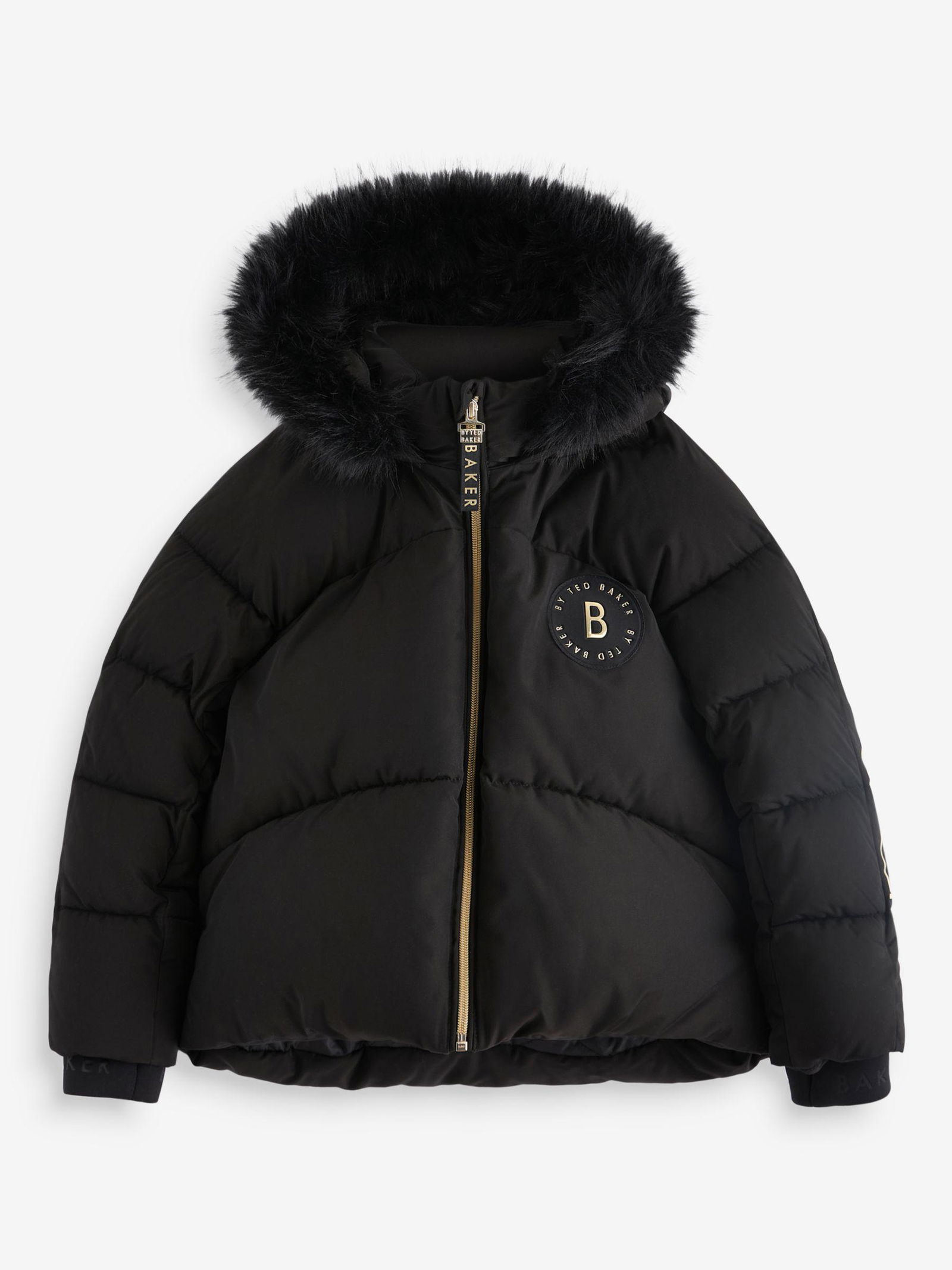 TED BAKER Kids' Faux Fur Hood Logo Coat in Black | endource
