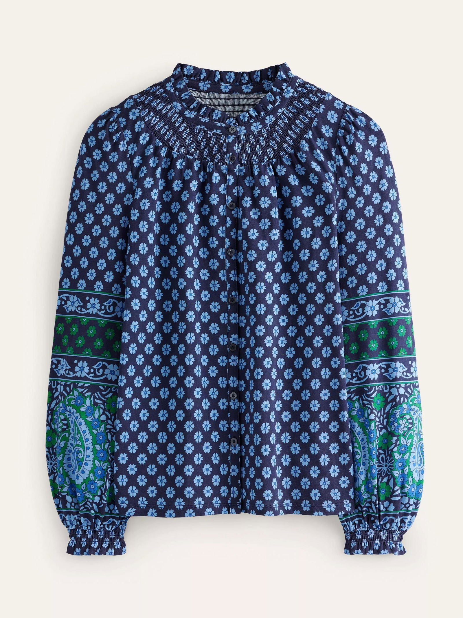 BODEN Fay Paisley Floral Smocked Jersey Top in Blue/Multi | endource