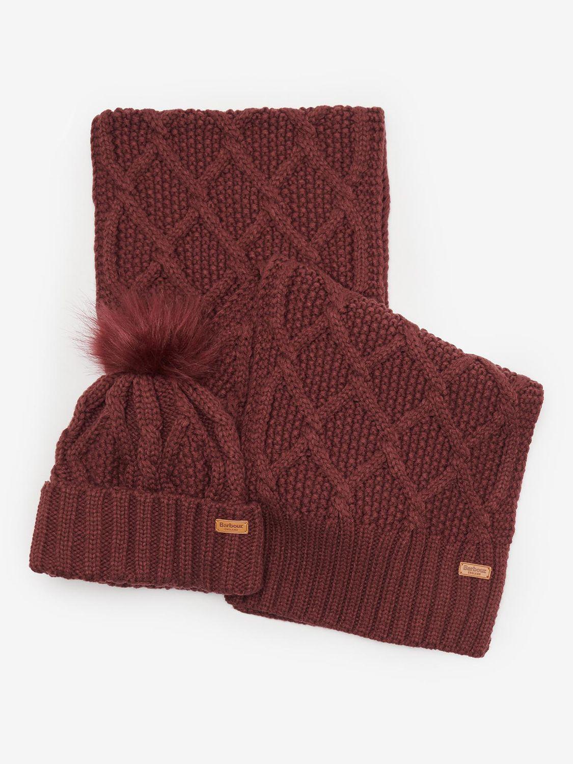 BARBOUR Ridley Bobble Hat & Scarf Gift Set in Cabernet | endource