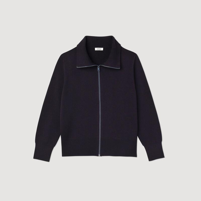 SANDRO Zip-Up Wool Cardigan in Black | endource