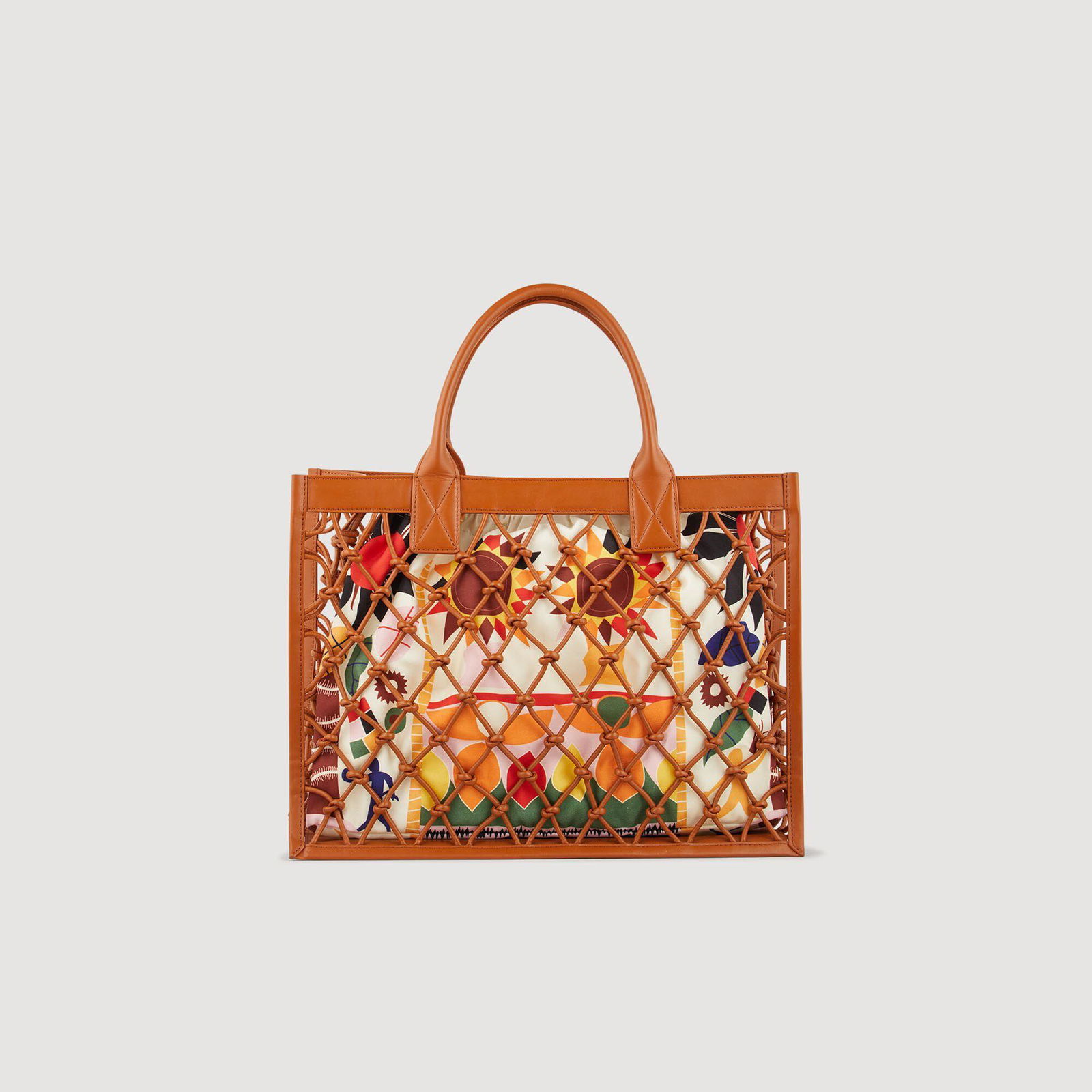 SANDRO Lace-Up Leather Kasbah Tote Bag in Camel | endource