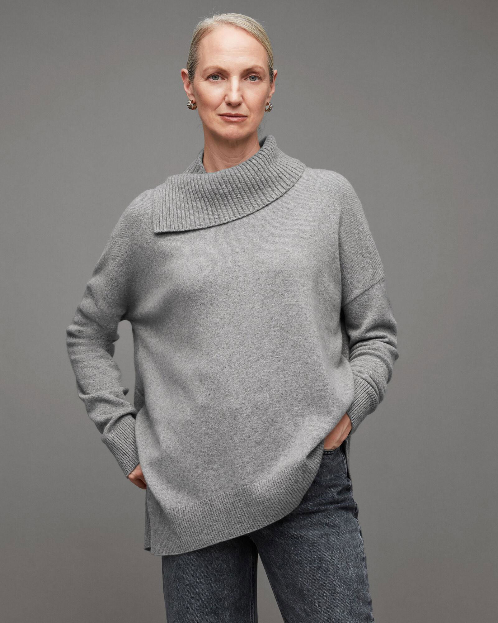 ALLSAINTS Whitby Cashmere Blend Funnel Neck Jumper in Mid Grey Marl ...