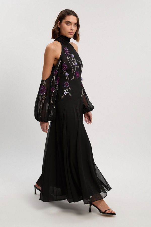 KAREN MILLEN Cold Shoulder 3D Floral Applique Woven Maxi Dress | endource