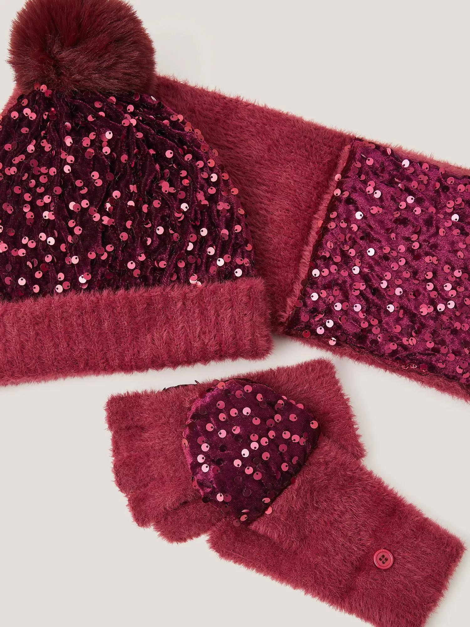 Monsoon Kids' Sequin Bobble Hat, Red | endource