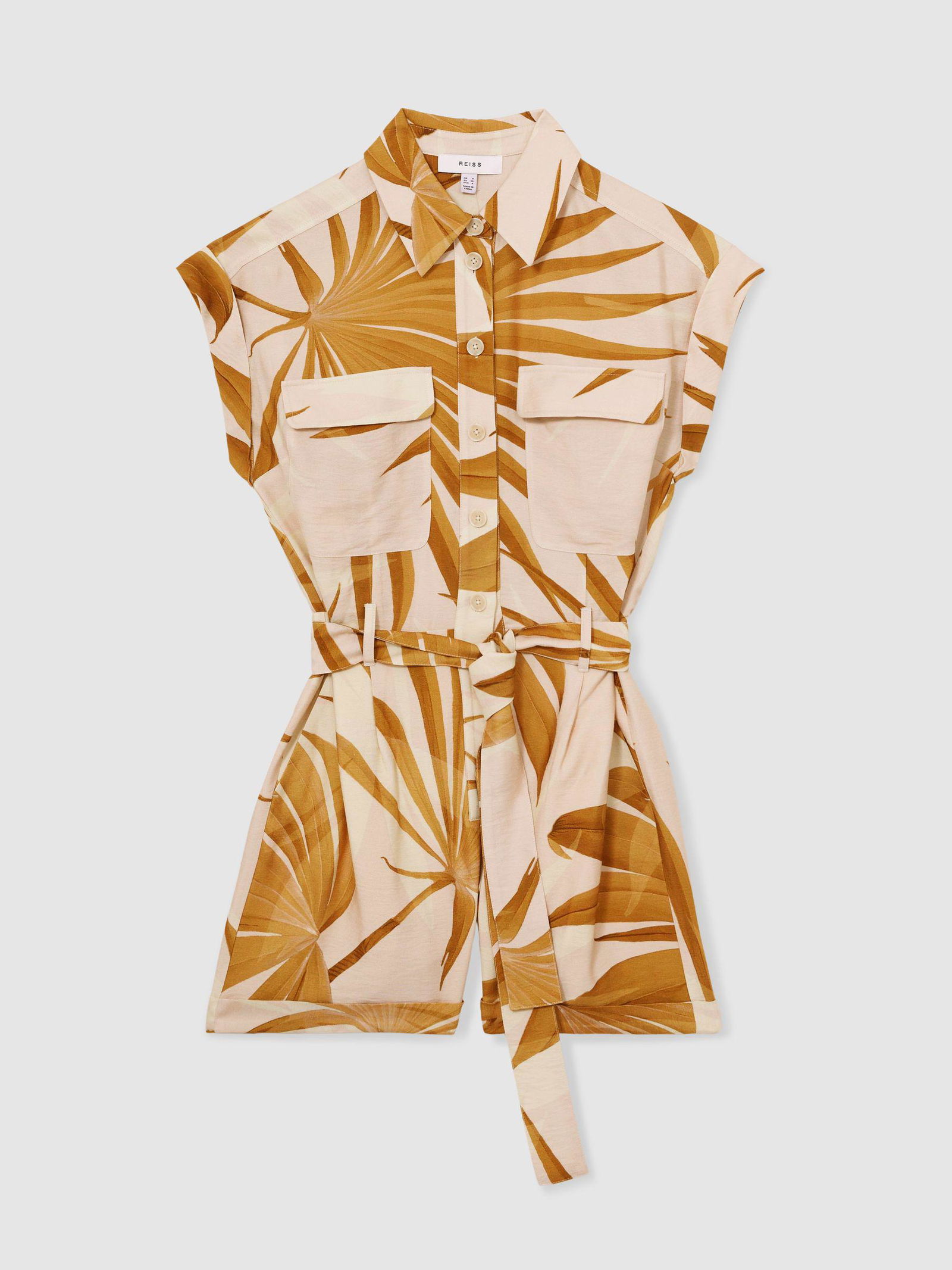 REISS Harri Palm Print Belted Playsuit in Neutral | endource