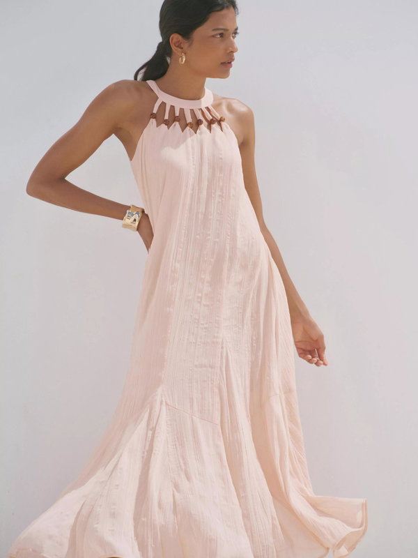 MINT VELVET Beaded Halterneck Crinkle Maxi Dress, Pink Light | endource