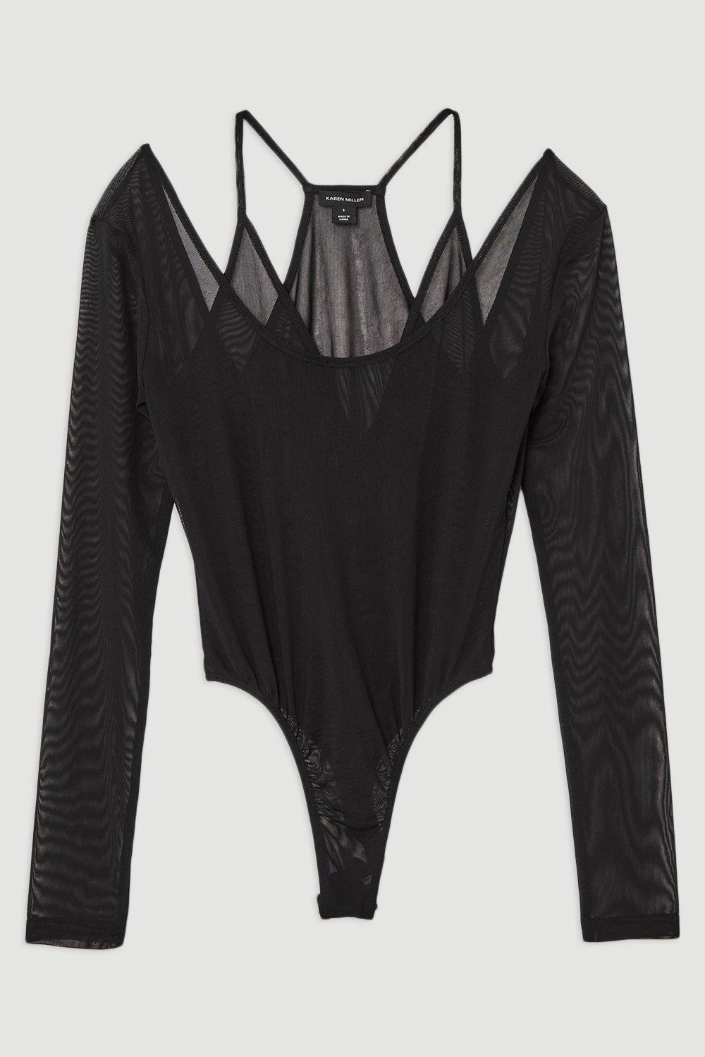 KAREN MILLEN Double Layered Mesh Bodysuit in Black | Endource