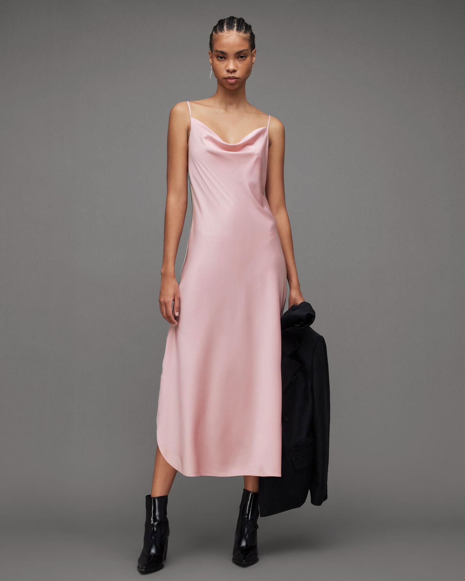 ALLSAINTS Hadley Cowl Neck Midi Slip Dress in Pashmina Pink | endource