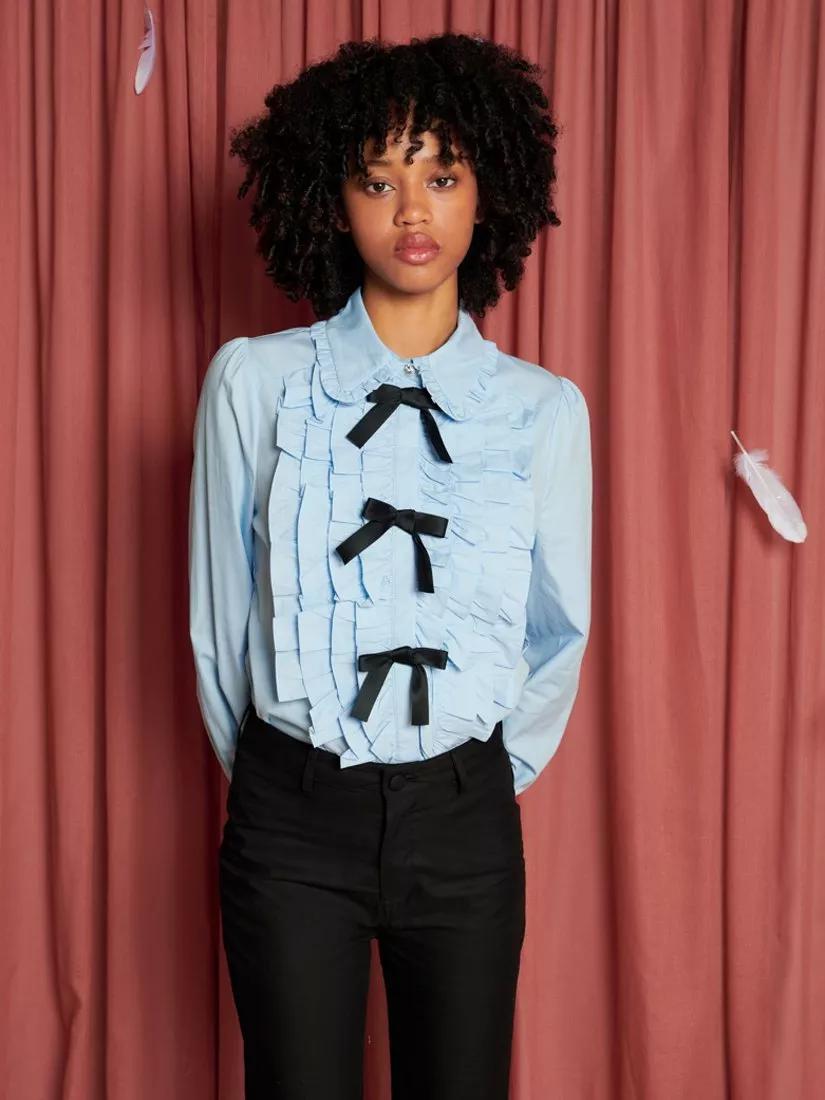 SISTER JANE Arnell Bow Ruffle Blouse in Light Blue | endource