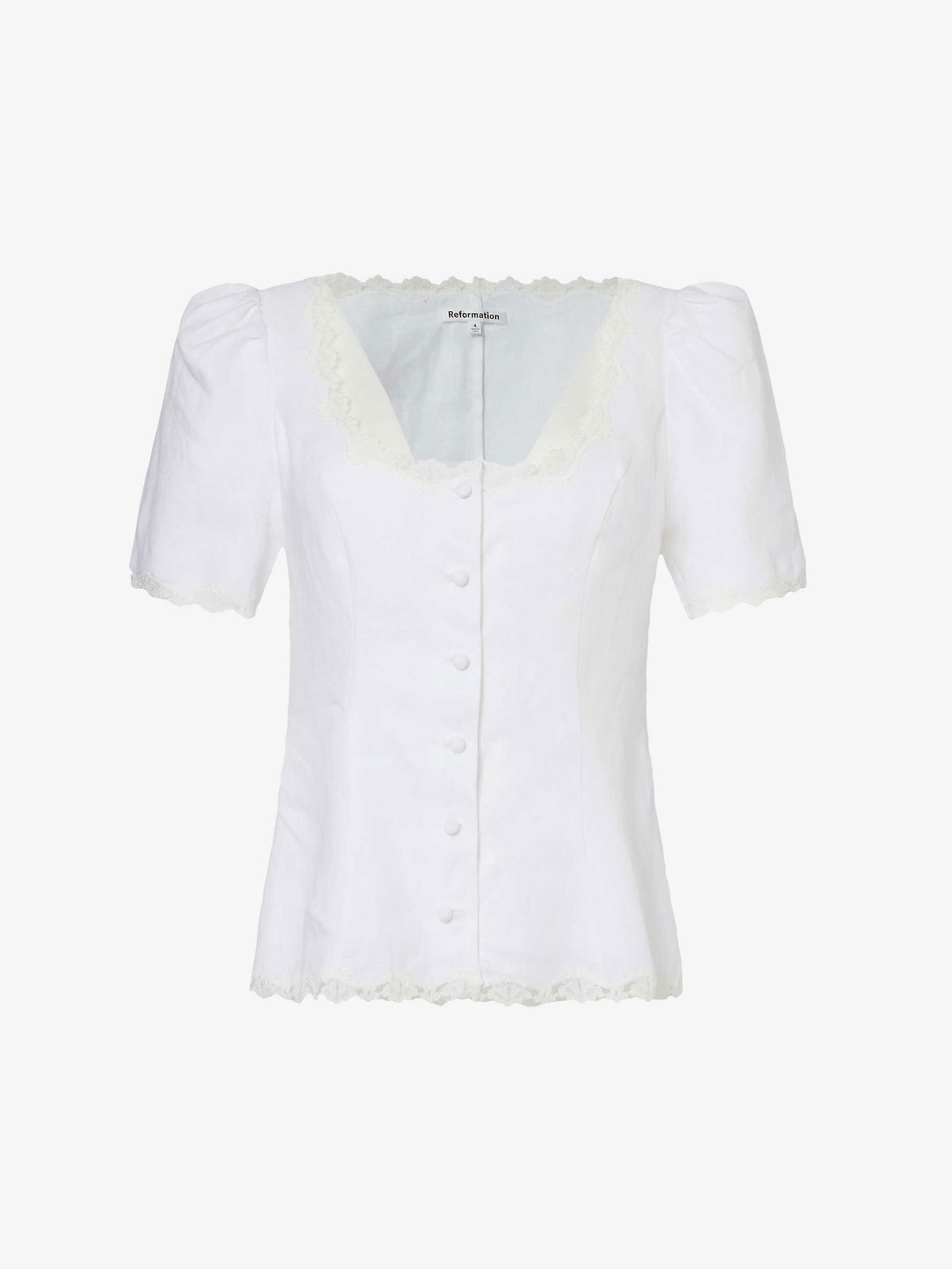 REFORMATION Anabella Puffed-Shoulder Linen Top in WHITE | endource