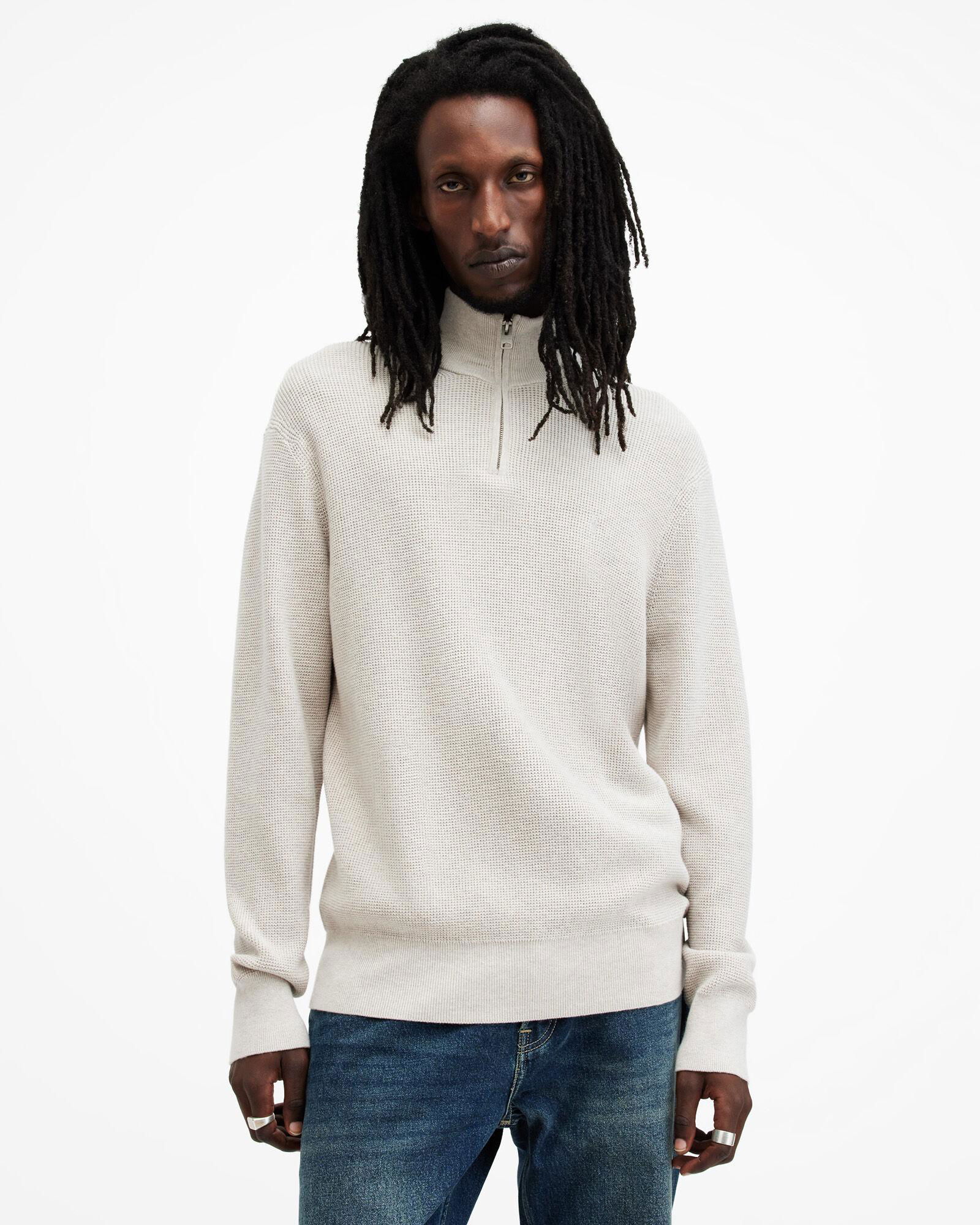 ALLSAINTS Aspen Zip Up Funnel Neck Ramskull Jumper in Pale Grey Marl ...